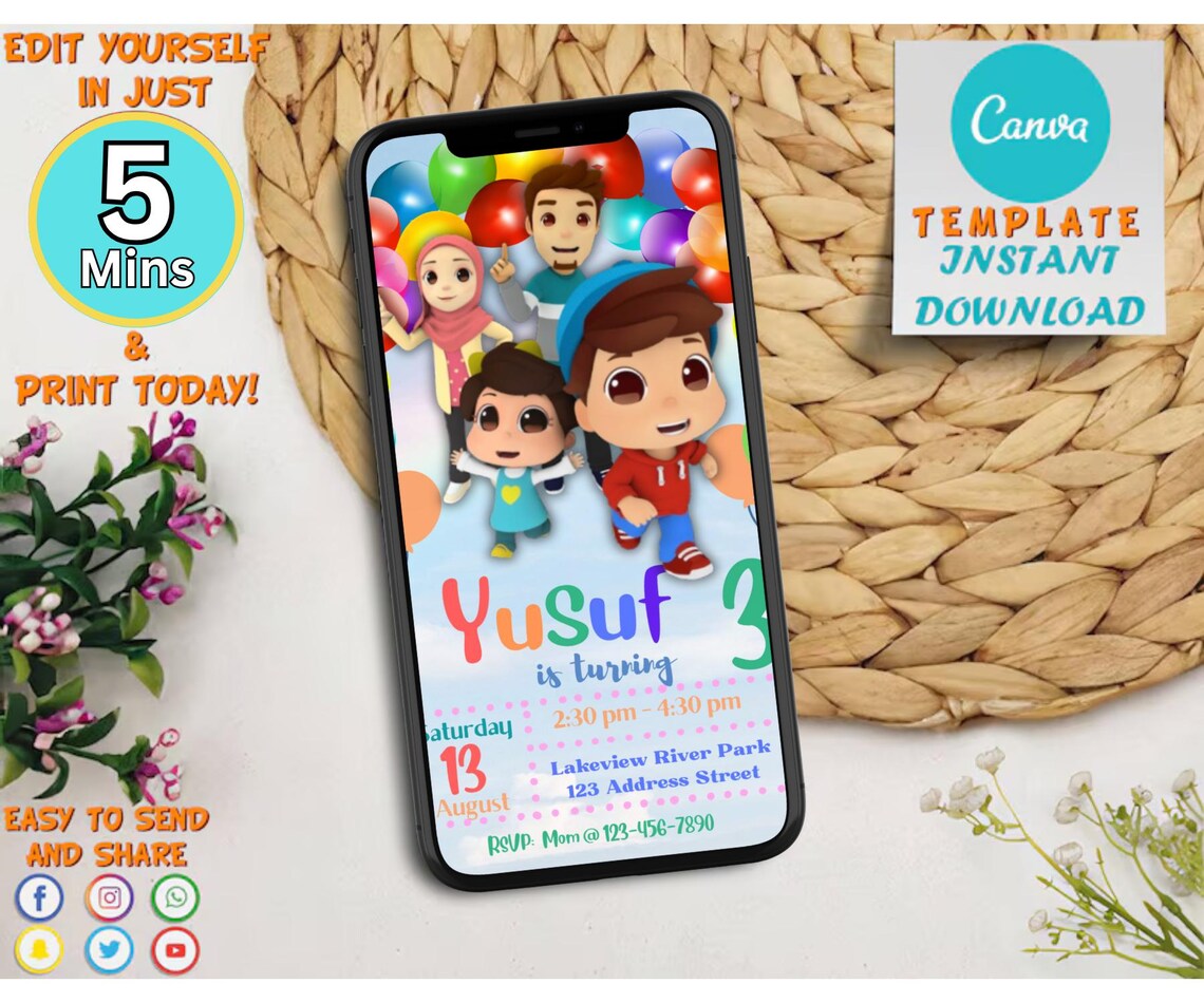 Editable Omar and Hana Birthday Invitation, Digital Kids Birthday ...