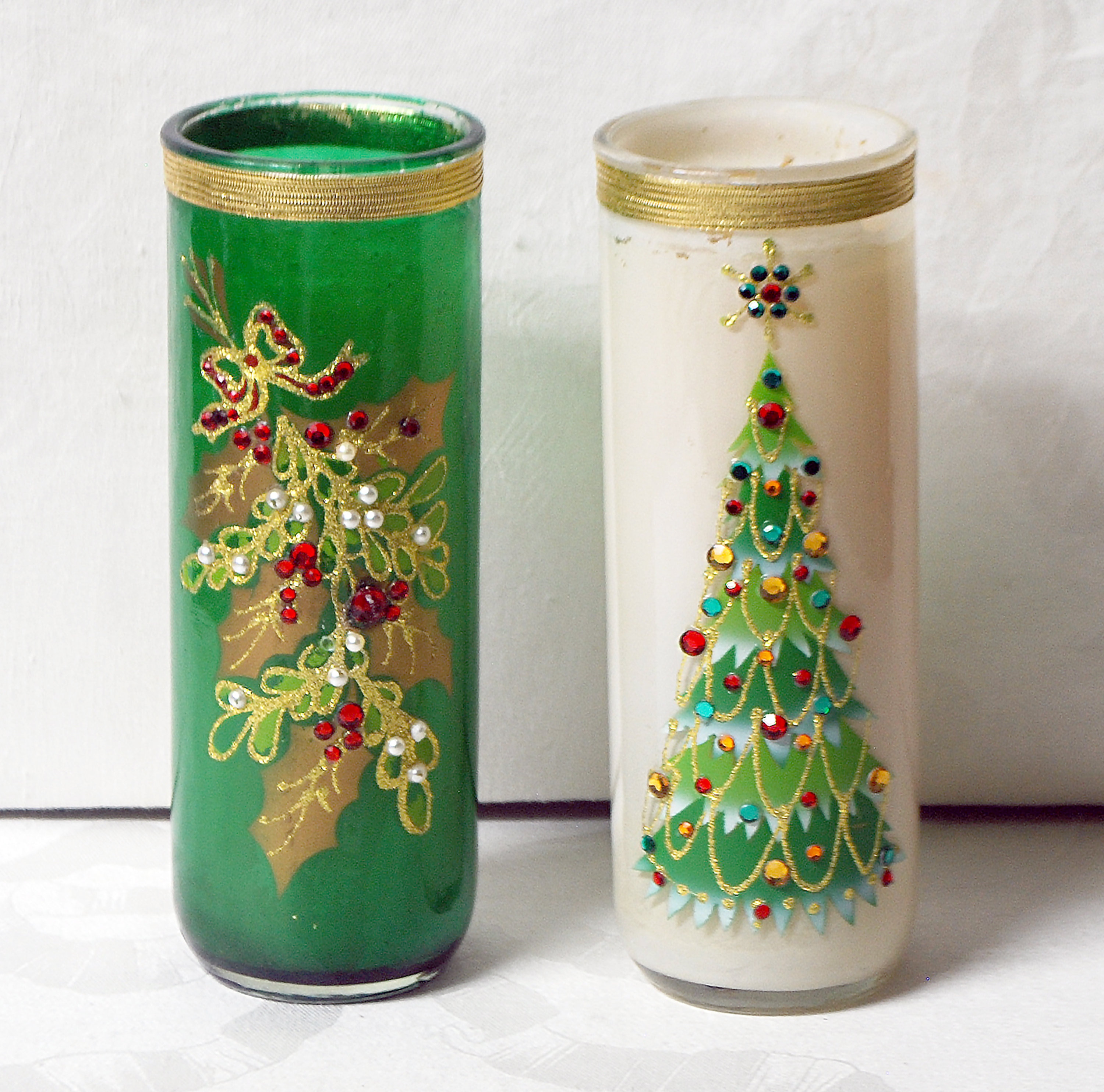 Vintage Glass Pillar Candles RARE DESIGNS Rhinestones & Pearls ...