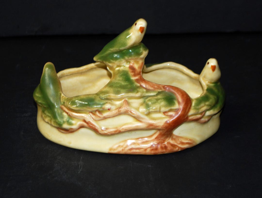 Parakeet Planter Dish Vintage Pottery Green Birds Perched High on ...