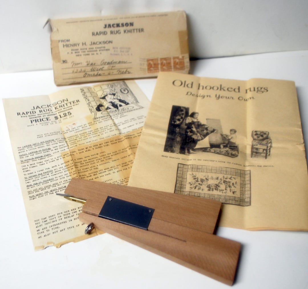 Vintage Jackson Rapid Rug Knitter Hook Wood Shuttle Punch Tool Rug ...