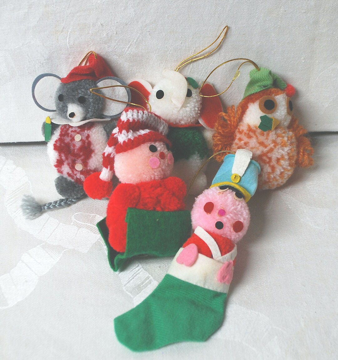 5 Dakin Pom Pom Christmas Tree Ornaments Felt 1978 Owl Mouse Elephant ...