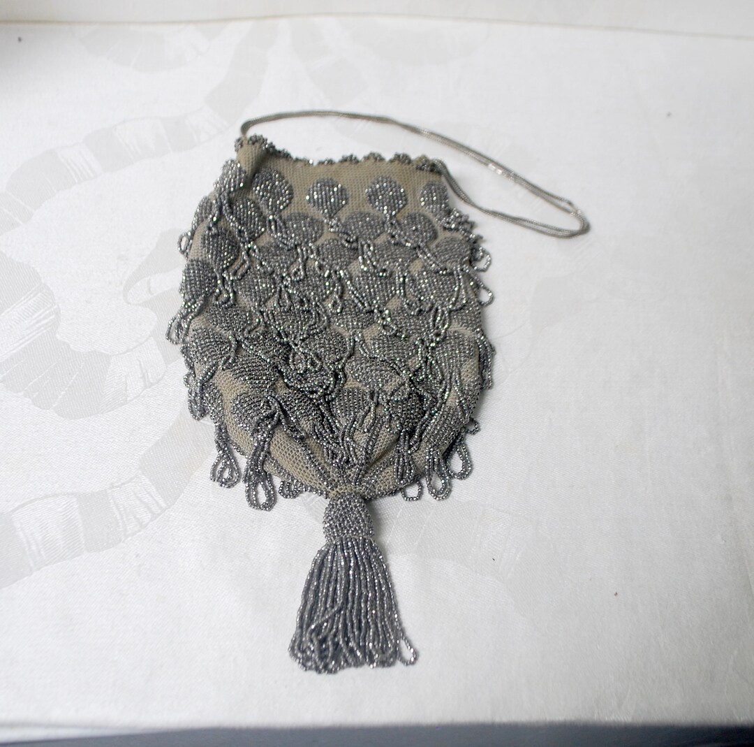 Antique Reticule Handbag Steel Cut Beads Dangling Loops Drawstring 1920 ...