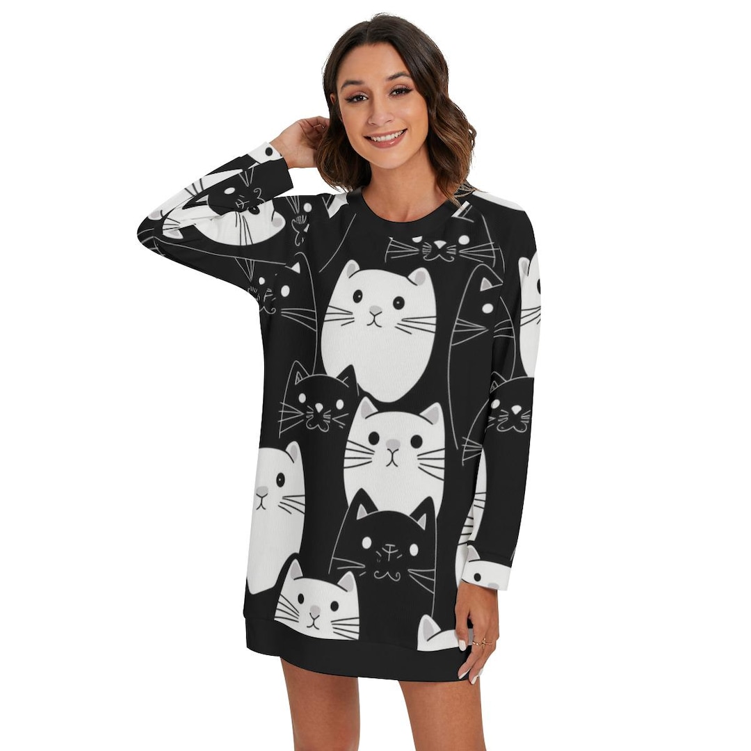 Kawaii Heaven Monochrome Meow Lounge Sleeve Sweater | Round Neck ...