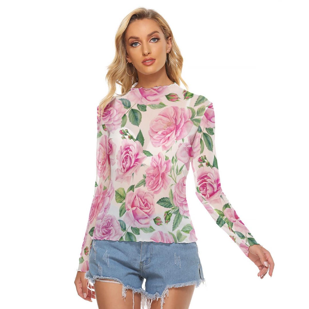Kawaii Heaven Women's Romantic Rose Mesh Long Sleeve T-shirt - Sexy ...