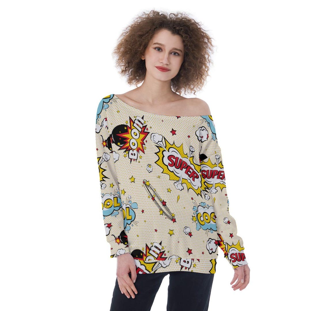 Oversized Comic Book Print Sweatshirt: Retro Pop Art Off-shoulder ...
