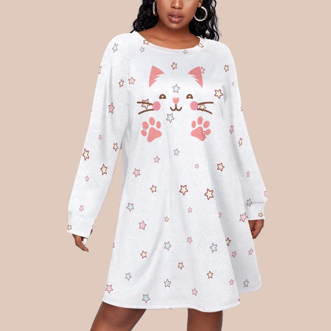 Plus Size Cat Print Dress: Kawaii Raglan Sleeve Lounge Tunic - Etsy
