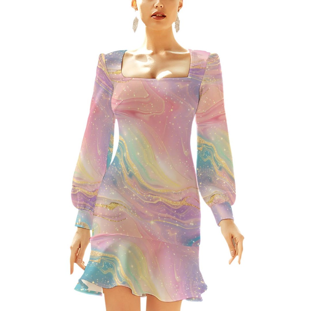 Pastel Galaxy Bodycon Dress – Square Neck Long Sleeve Ruffle Hem Dress ...