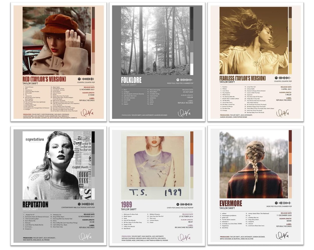 Taylor Swift Album Music Posters, 6 Prints Swiftie Cover Wall Art, Eras ...