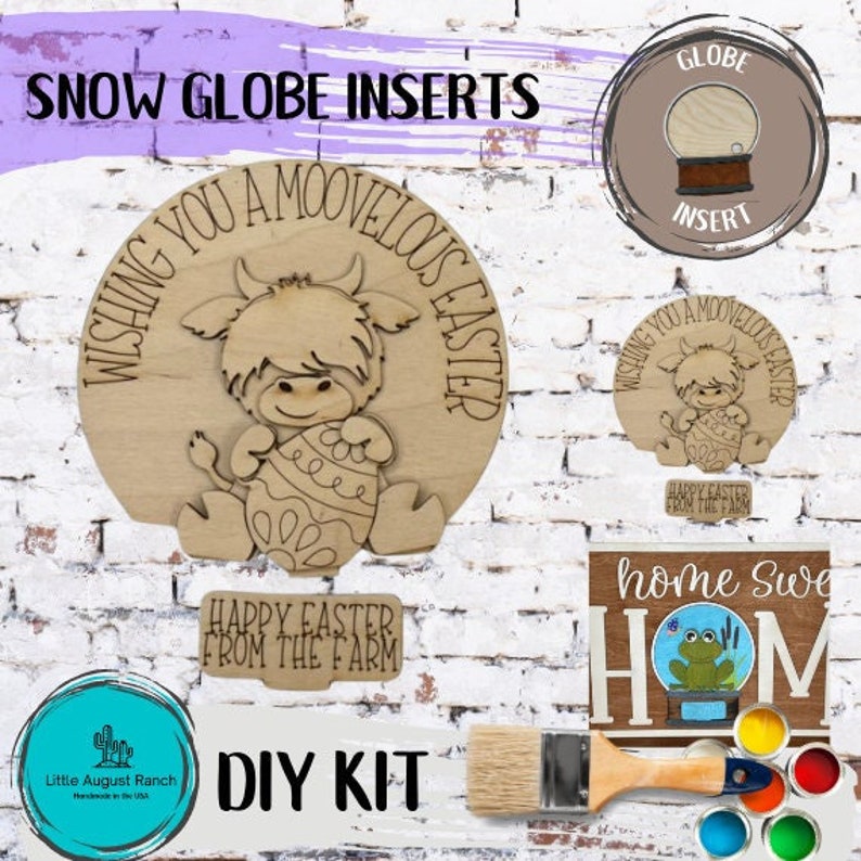 Highland Cow Easter Bunny Insert for Snow Globe DIY Interchangeable Decor Inserts Wood Paint Kit ...