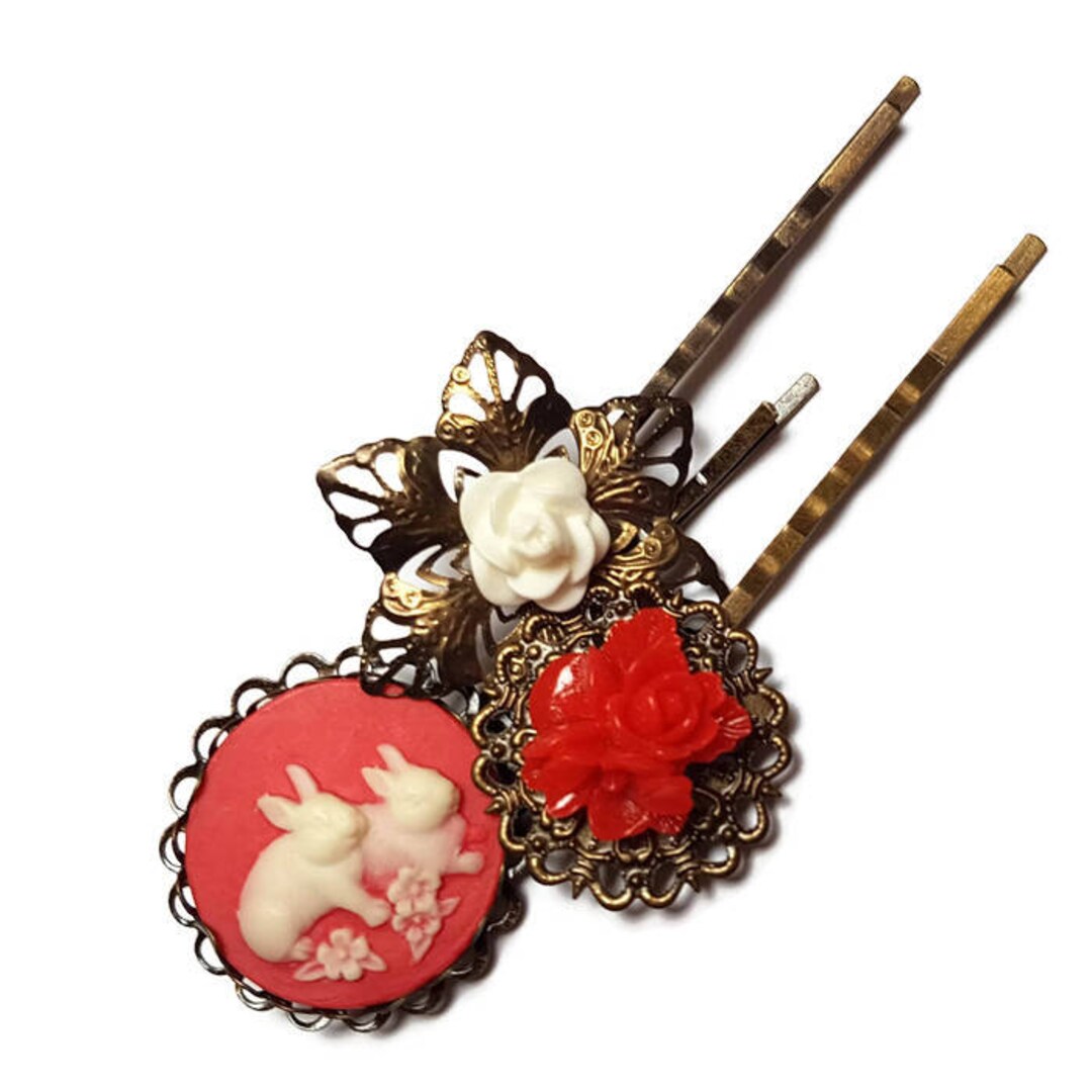 Red Bunny Bobby Pins-set of 3-rabbit Hair Slides-handmade Hair Pins ...