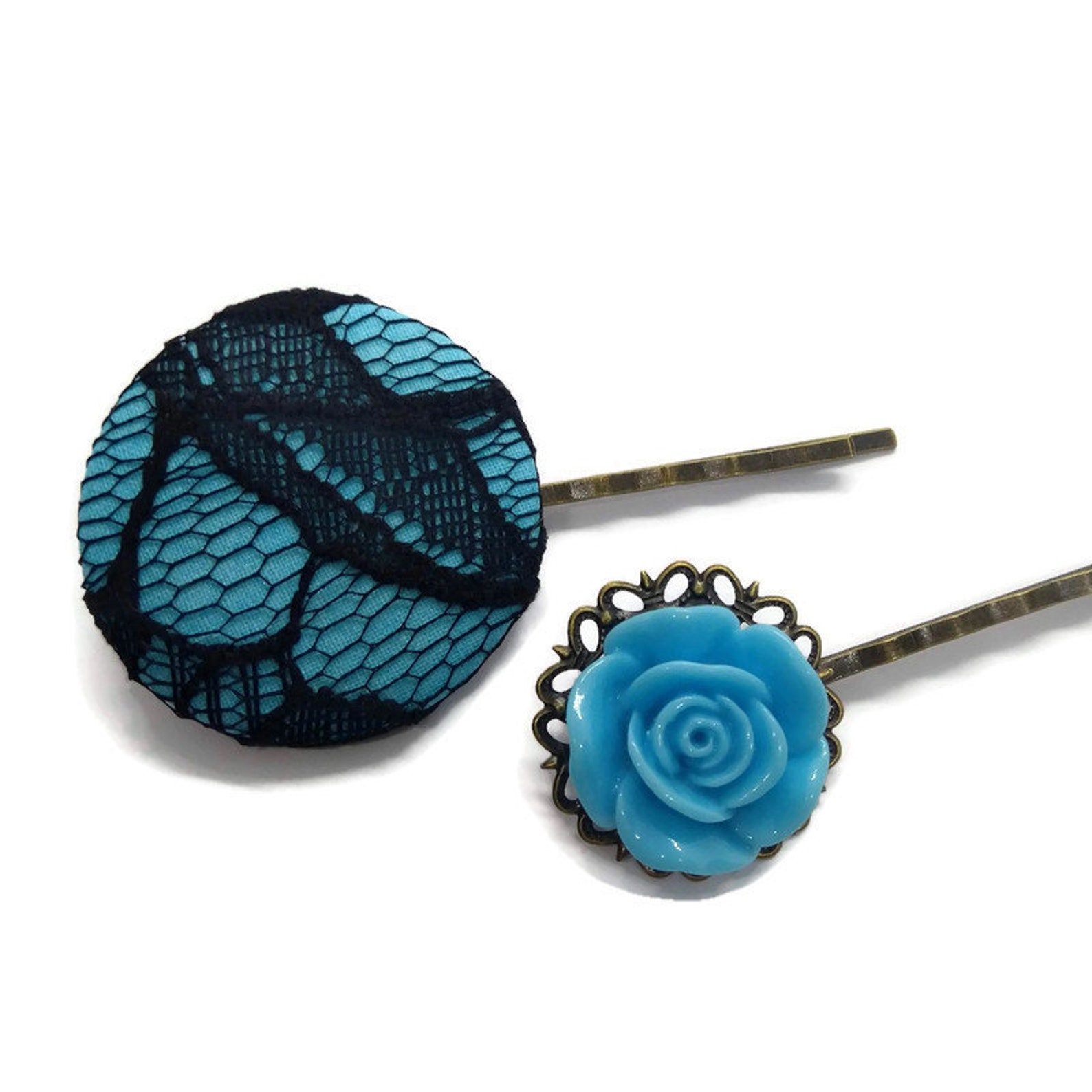 Blue Fabric Covered Bobby Pins-set of 2-lace Bobby Pins-teen - Etsy