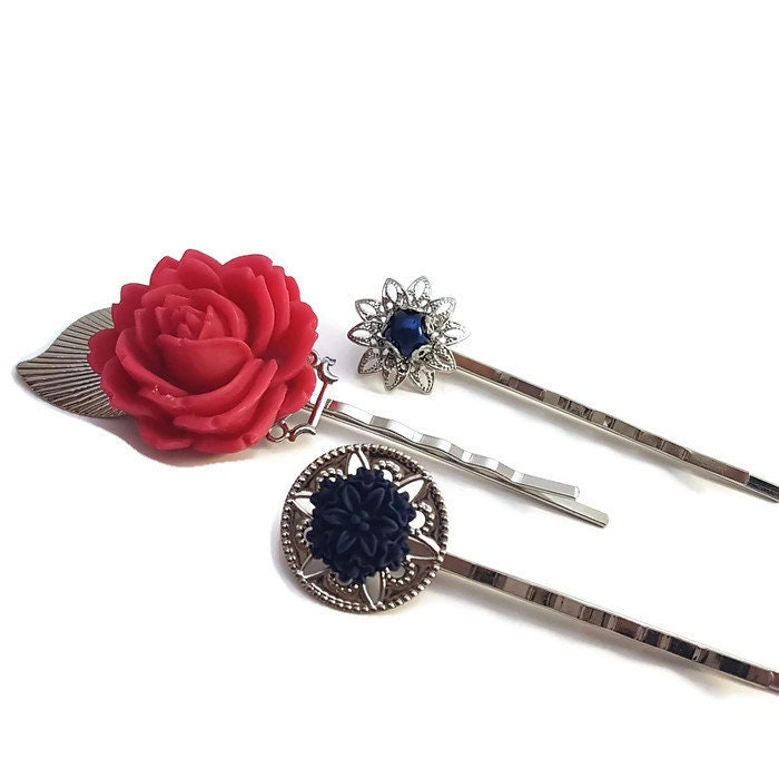 Red Rose Hair Pins Flower Bobby Pins-set of 3-bridesmaid | Etsy