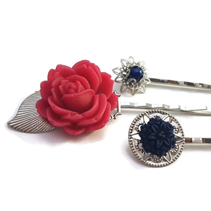 Red Rose Hair Pins Flower Bobby Pins-set of 3-bridesmaid | Etsy