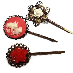 Red Bunny Bobby Pins-set of 3-rabbit Hair Slides-handmade Hair Pins ...
