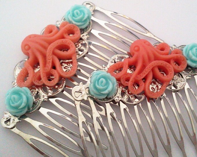 Orange Blue Octopus Hair Combs Cephalopod Ocean Sea Shabby Chic Trend ...