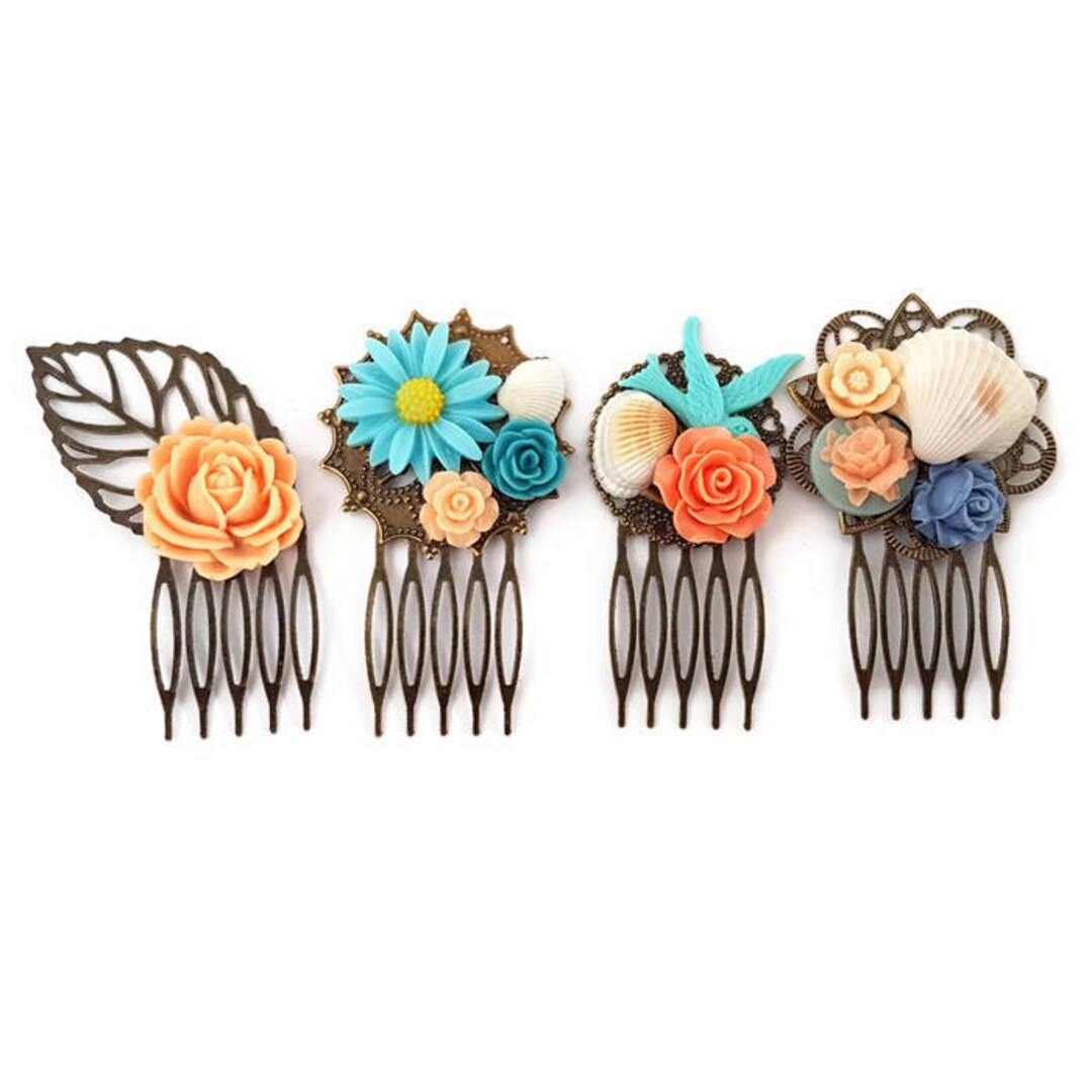 Blue Peach Shell Combs-set of 4-ocean Wedding-beach Bridal-prom Hair ...