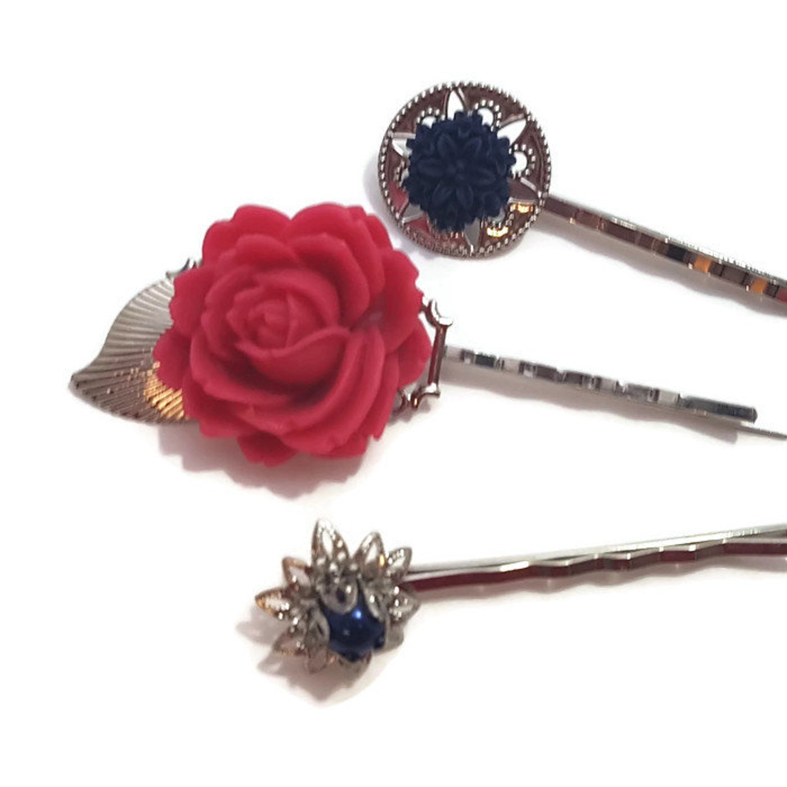Red Rose Hair Pins Flower Bobby Pins-set of 3-bridesmaid | Etsy