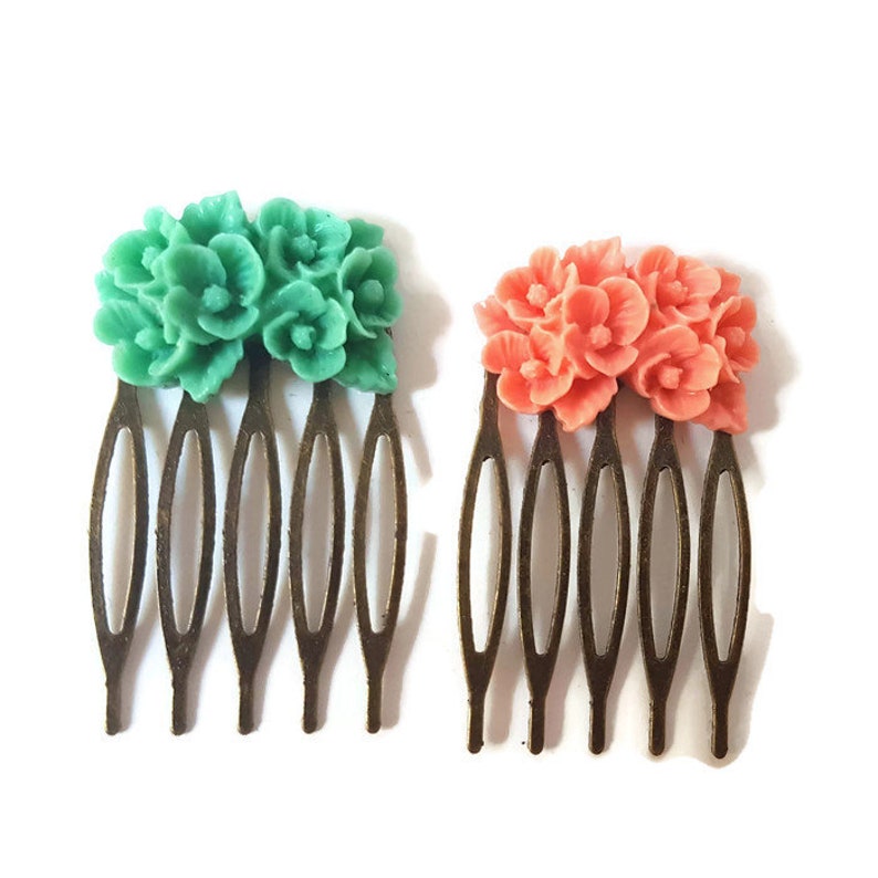 Pink Green Antique Brass Flower Hair Combs-wedding Combs-set - Etsy