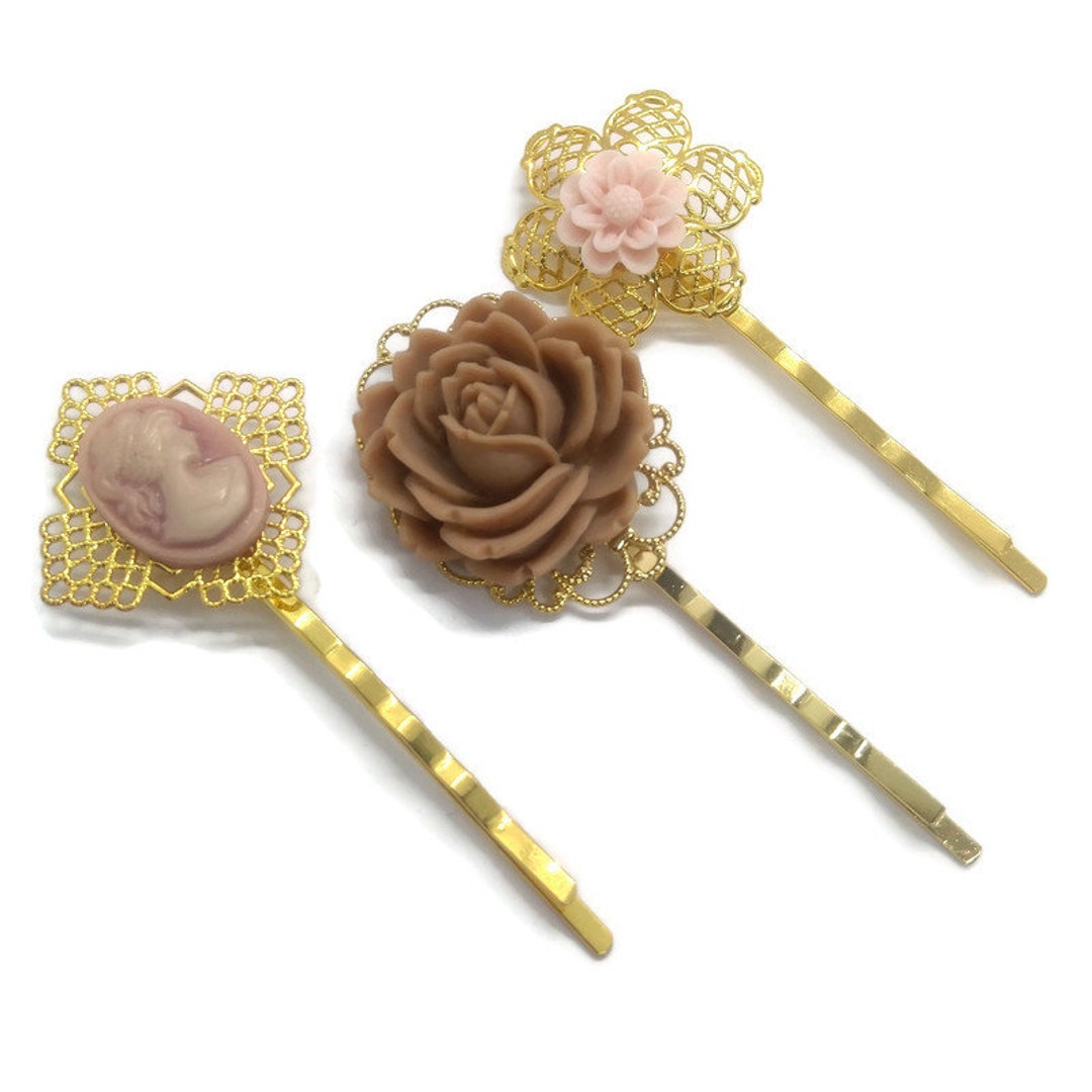 Brown Hair Pins- Flower Bobby Pins-set of 3-bridesmaid Gift-gold Hair ...