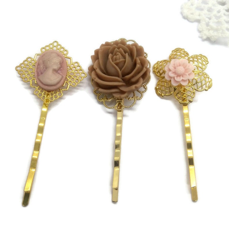 Brown Hair Pins Flower Bobby Pins-set of 3-bridesmaid | Etsy