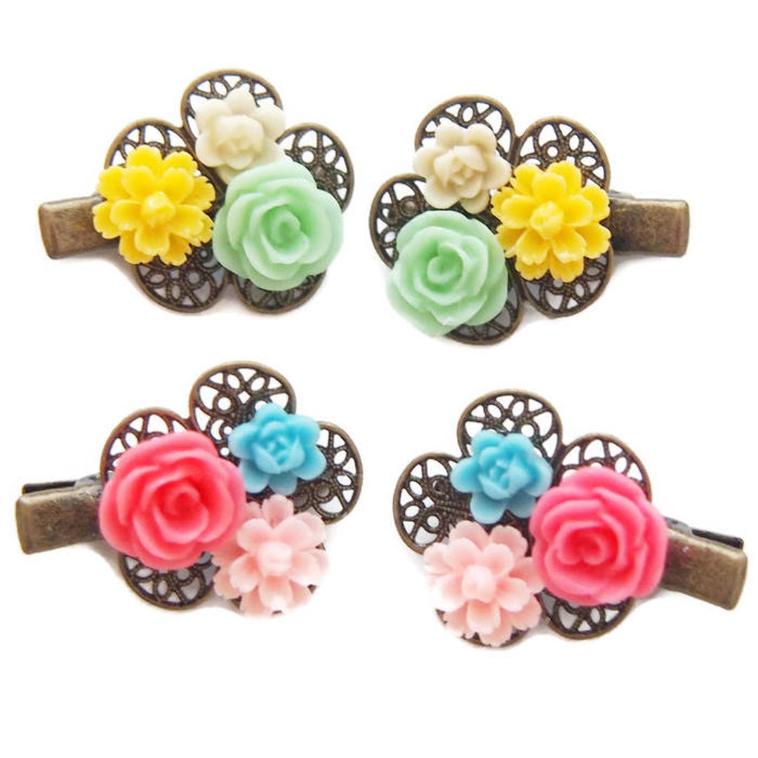 Mini Floral Cluster Hair Clips-set of Two-bright Colored Clips-kid's ...