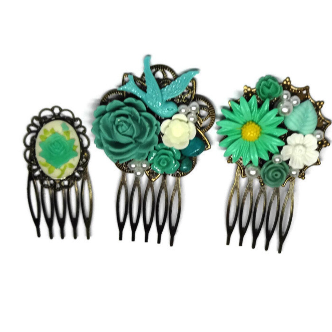 Green Combs-set of 3-wedding Combs-bridal Combs-bridesmaid Comb-blue ...