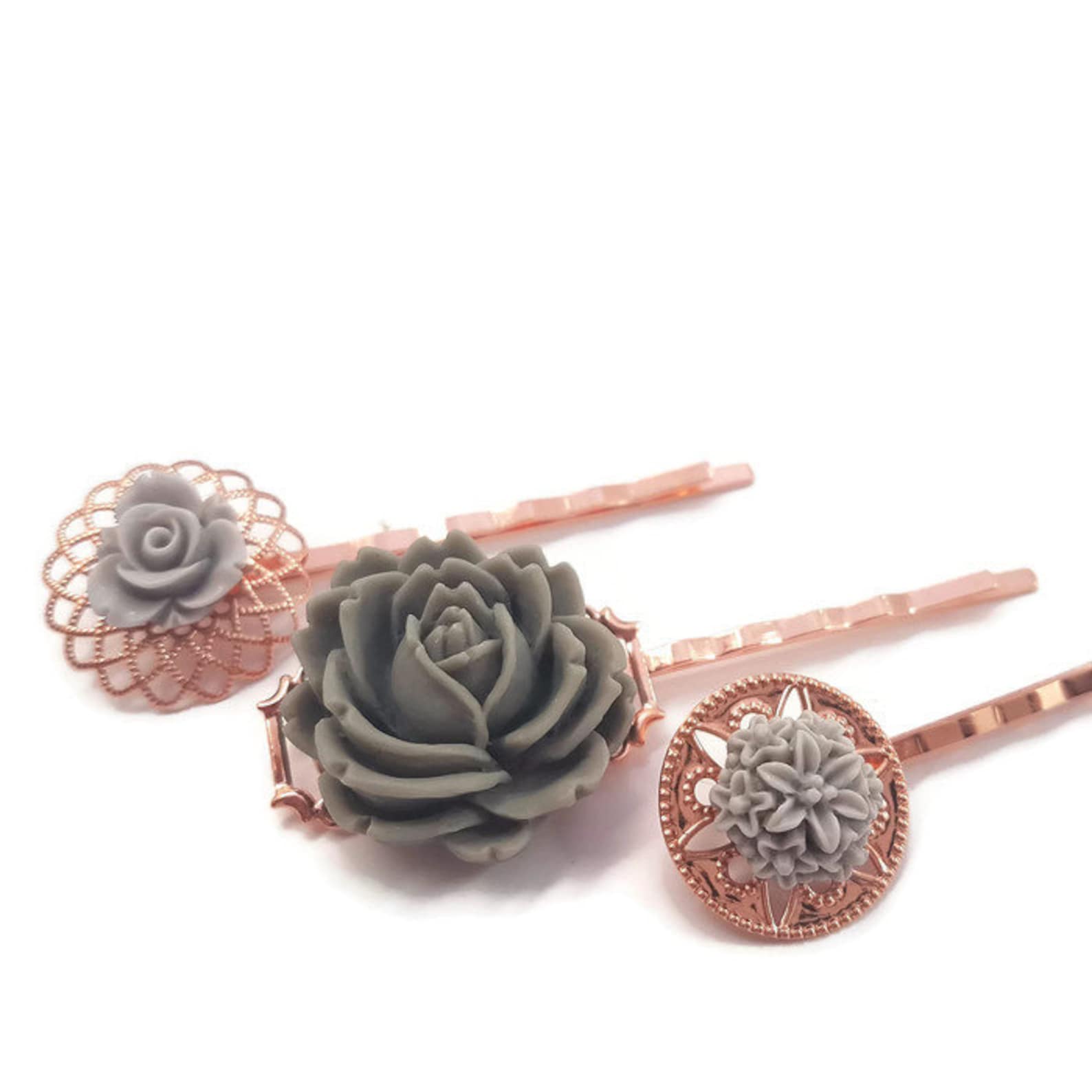 Grey Hair Pins Flower Bobby Pins-set of 3-bridesmaid - Etsy
