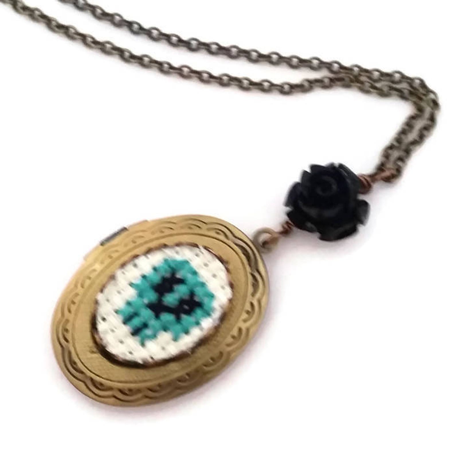 Teal Green Skull Cross Stitch Locket Necklace-xstitch - Etsy