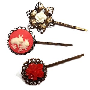 Red Bunny Bobby Pins-set of 3-rabbit Hair Slides-handmade Hair Pins ...