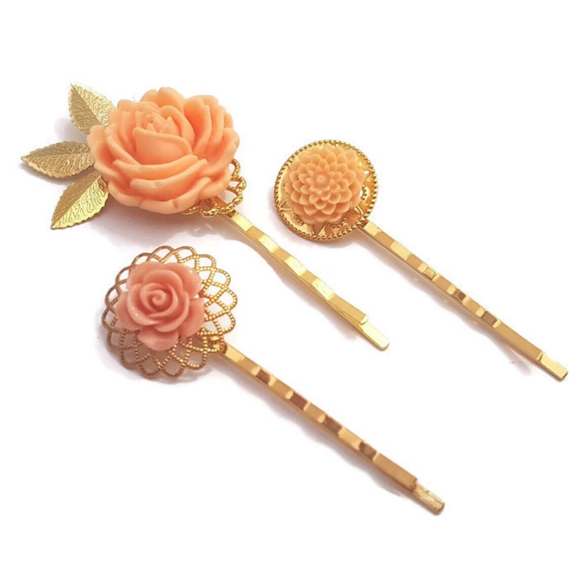 Peach Hair Pins Flower Bobby Pins-Set of 3-Bridesmaid | Etsy