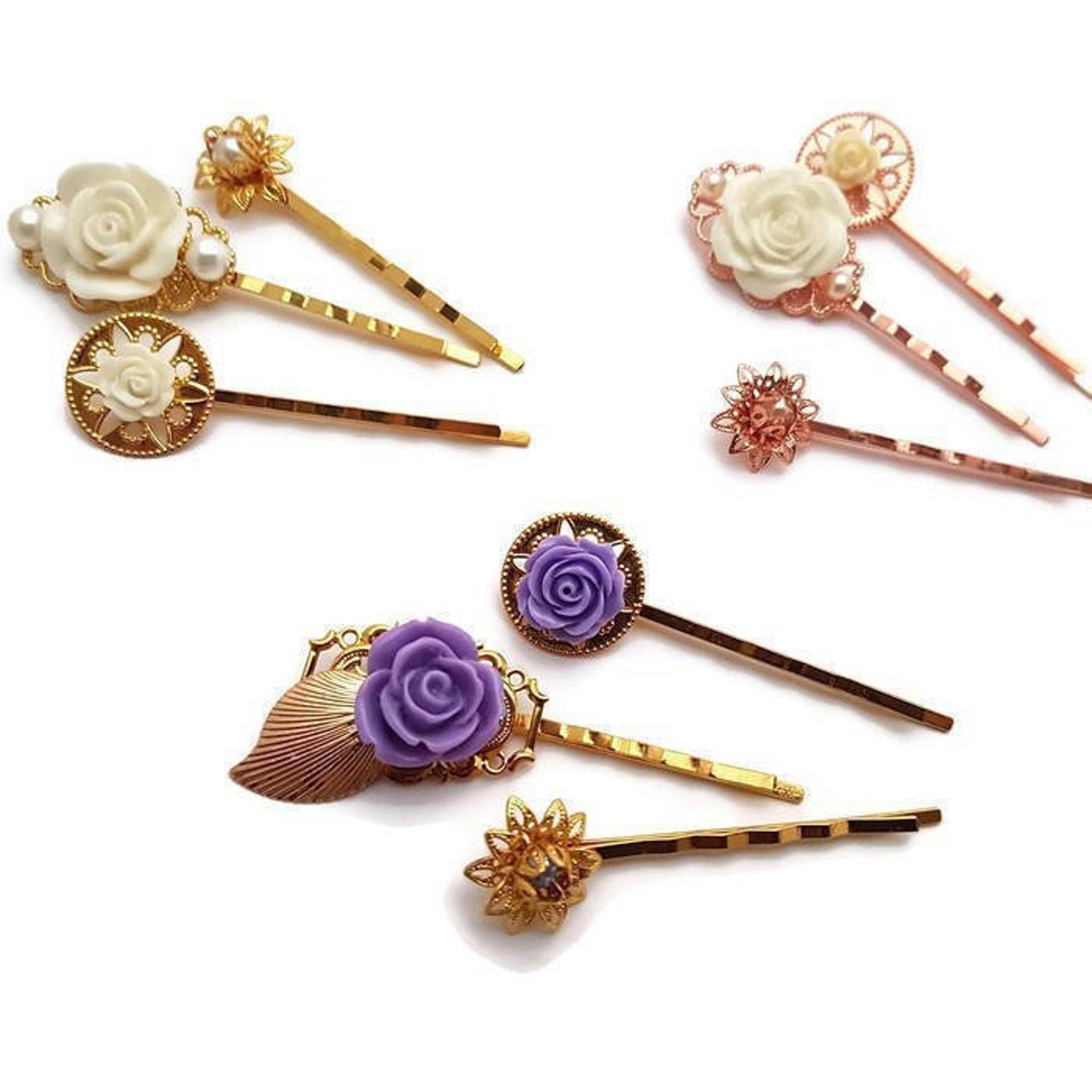 Pink Hair Pins Flower Bobby Pins-Set of 3-Bridesmaid | Etsy