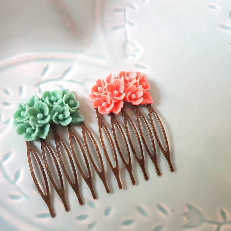 Pink Green Antique Brass Flower Hair Combs-wedding Combs-set - Etsy