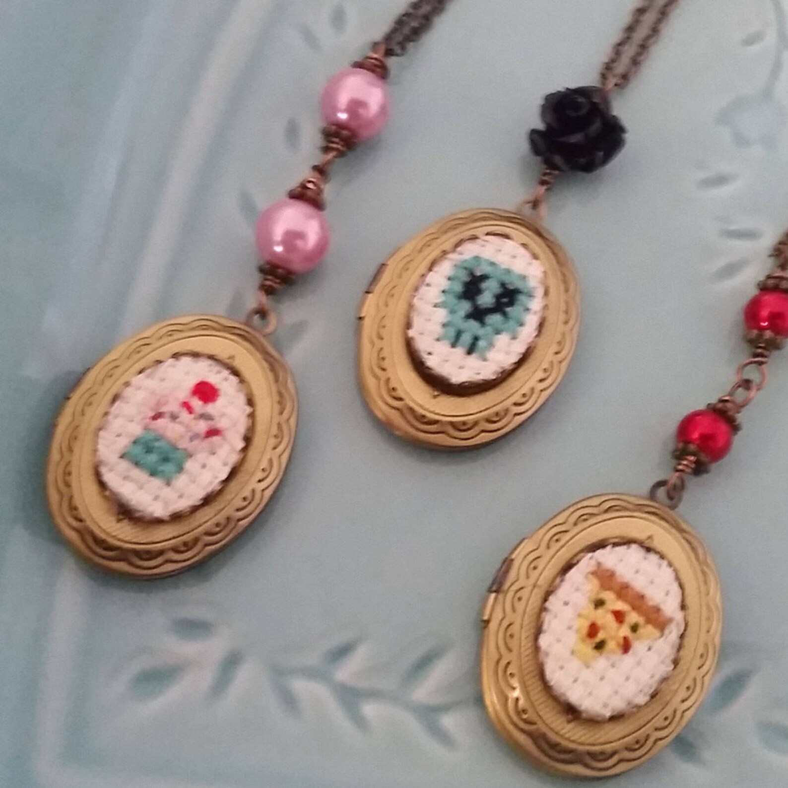 Teal Green Skull Cross Stitch Locket Necklace-xstitch - Etsy