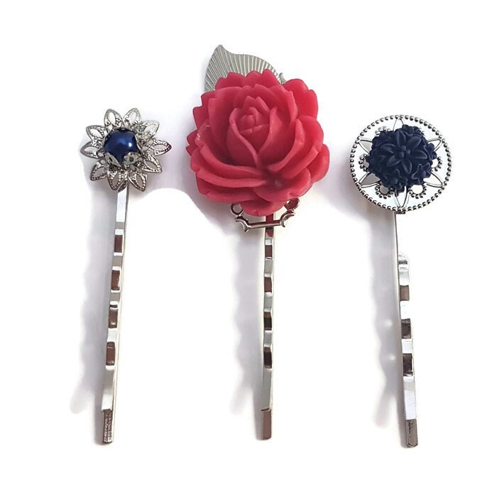 Red Rose Hair Pins Flower Bobby Pins-set of 3-bridesmaid | Etsy