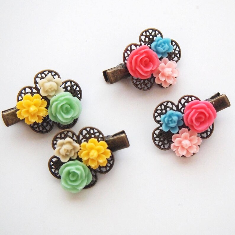 Mini Floral Cluster Hair Clips-set of Two-bright Colored - Etsy