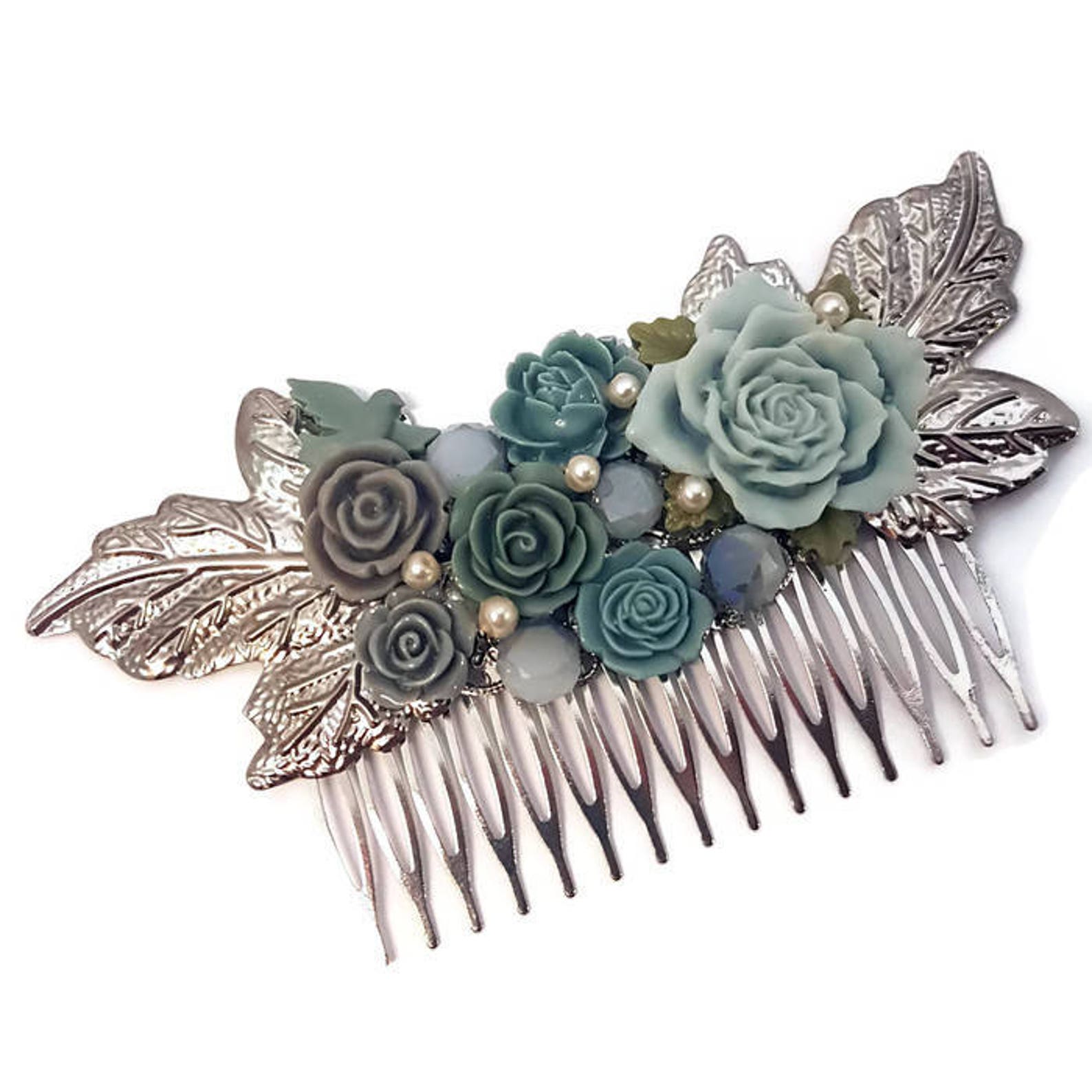 Grey Wedding Comb-bridesmaid Comb-blue Floral Comb-pearl - Etsy