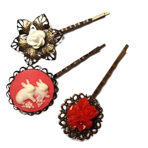 Red Bunny Bobby Pins-set of 3-rabbit Hair Slides-handmade Hair Pins ...