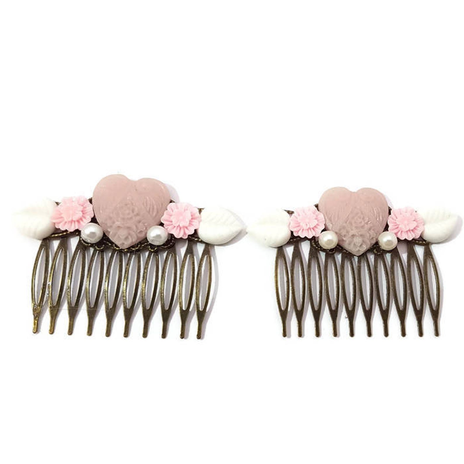 Pink-heart Hair Combs-neutral Hair Combs-set of 2-wedding Hair - Etsy