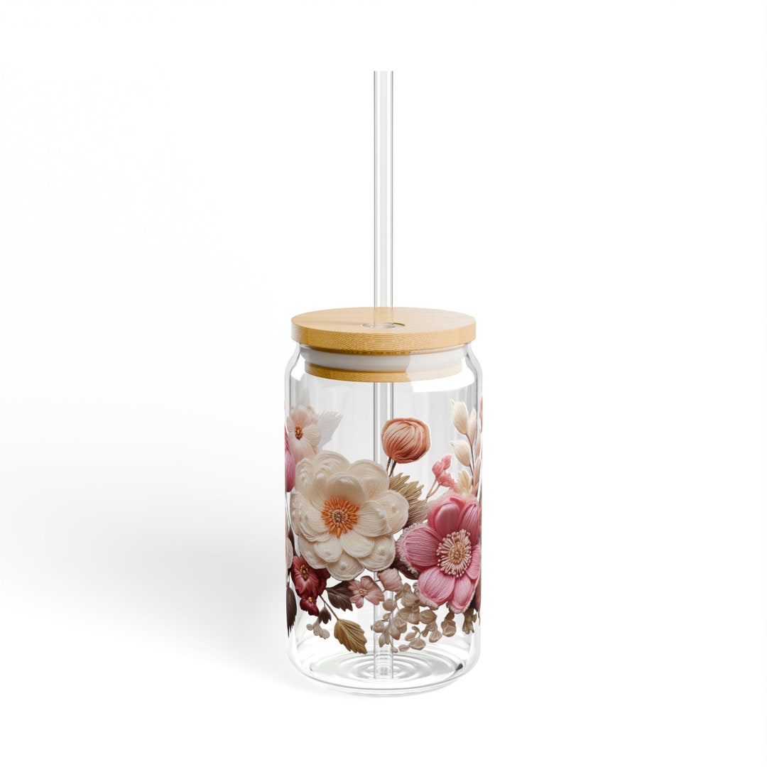 Embroidered Flowers Glass Jar, 16oz, Embroidered Floral Iced Coffee Cup ...