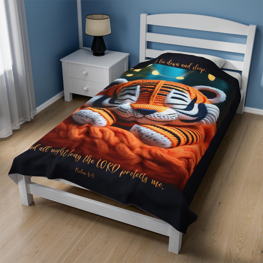 Sleeping Tiger Scripture Verse Velveteen Plush Blanket, Psalm 3:5 Bible ...