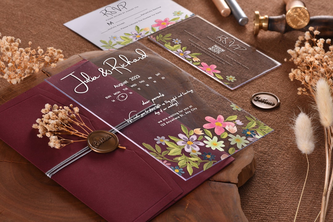 Wildflower Calendar Acrylic Wedding Invitations Suite, Save the Dates ...