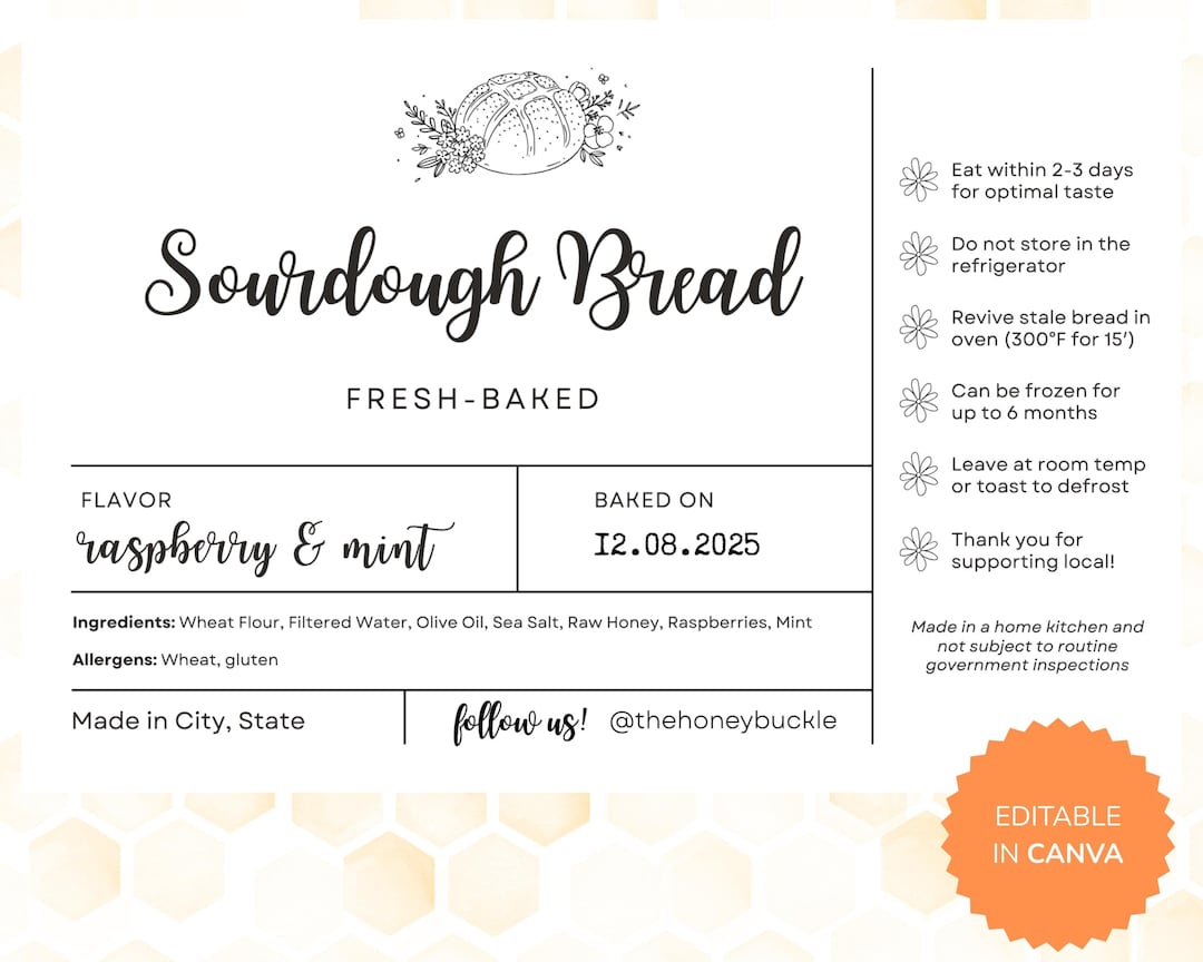 Custom Sourdough Label Template | Editable 4x6 Canva Tag for Artisan ...
