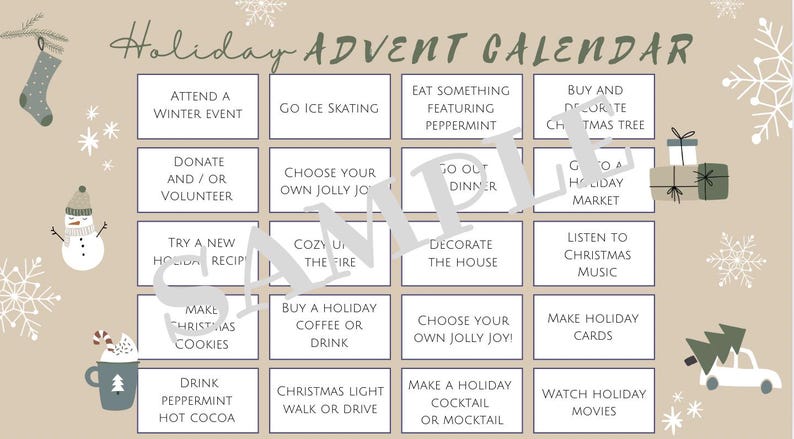 Printable Holiday Advent Calendar PDF - Festive Countdown to Christmas ...