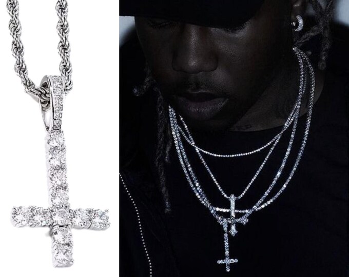 Destroy Lonely Upside Down Cross Pendant Diamond Inverted Cross ...