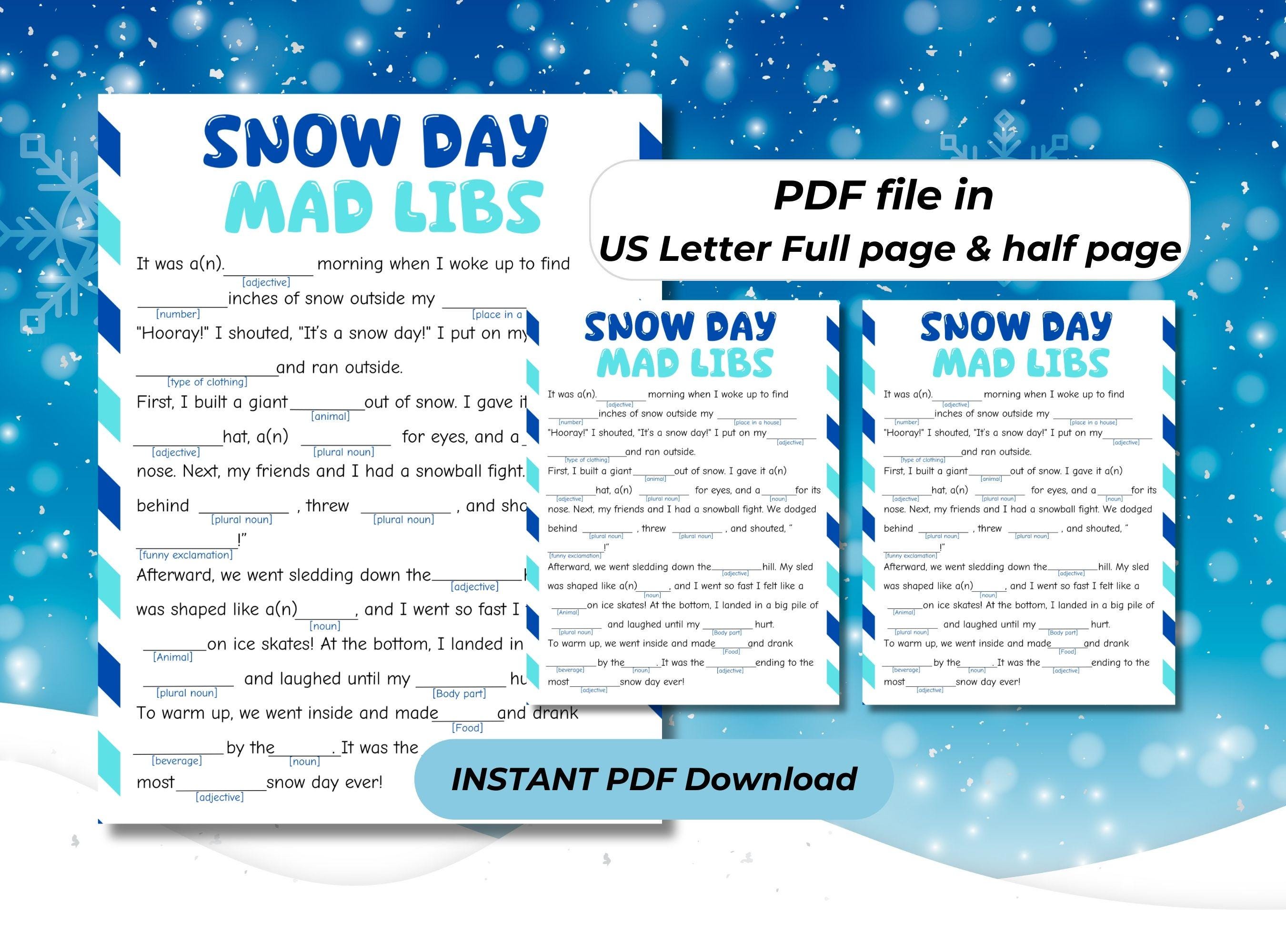 Snow Day Mad Libs Game, Winter Mad Libs Printable, Winter Games for ...