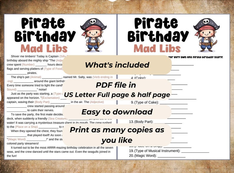 Pirate Birthday Mad Libs Game: Kids Party Activity (PDF Pattern) - Etsy