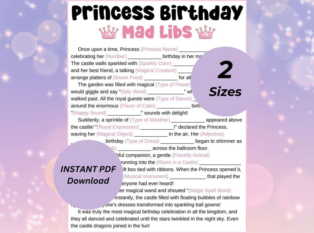Princess Birthday Girl Mad Libs Printable Game for Kids, Birthday Party ...