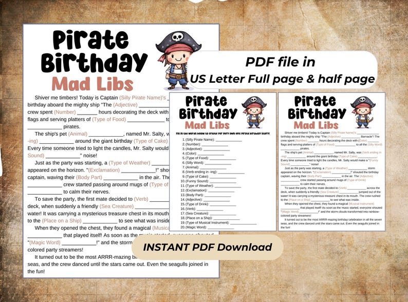 Pirate Birthday Mad Libs Game: Kids Party Activity (PDF Pattern) - Etsy