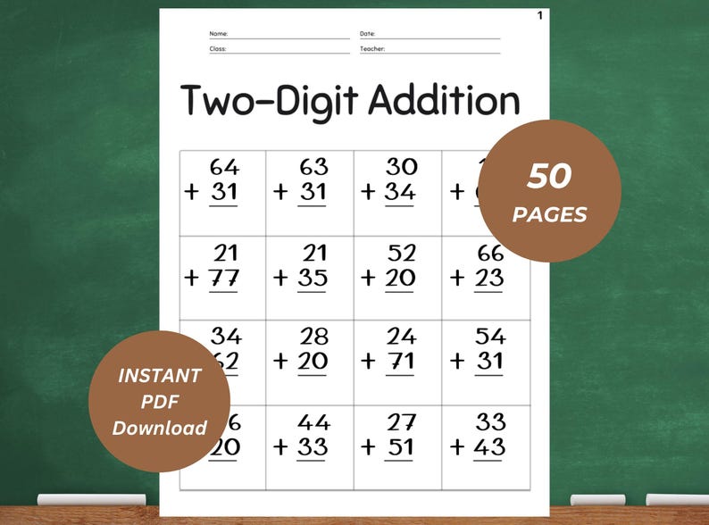 50 Pages Two-digit Addition Worksheet, Printable Math Practice PDF ...