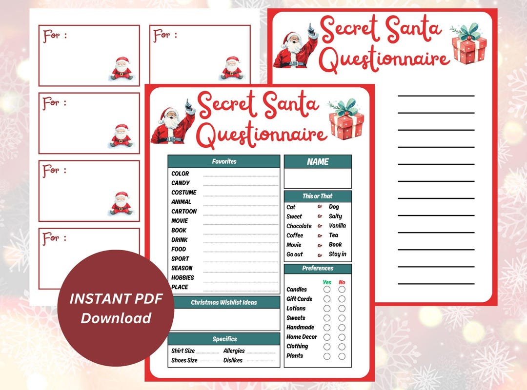 Secret Santa Questionnaire Secret Santa Survey Gift Exchange ...